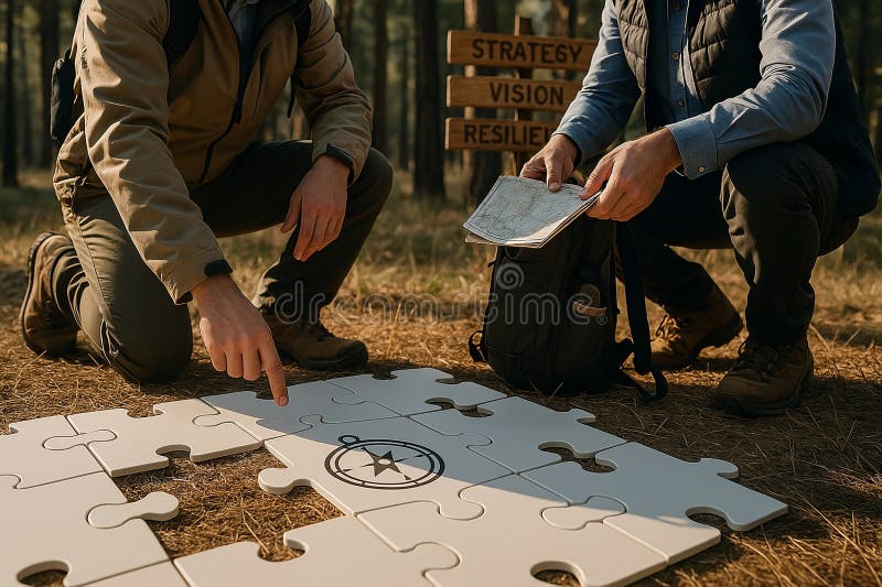 Two People Assembling Large Puzzle with Compass Icon in Forest ...