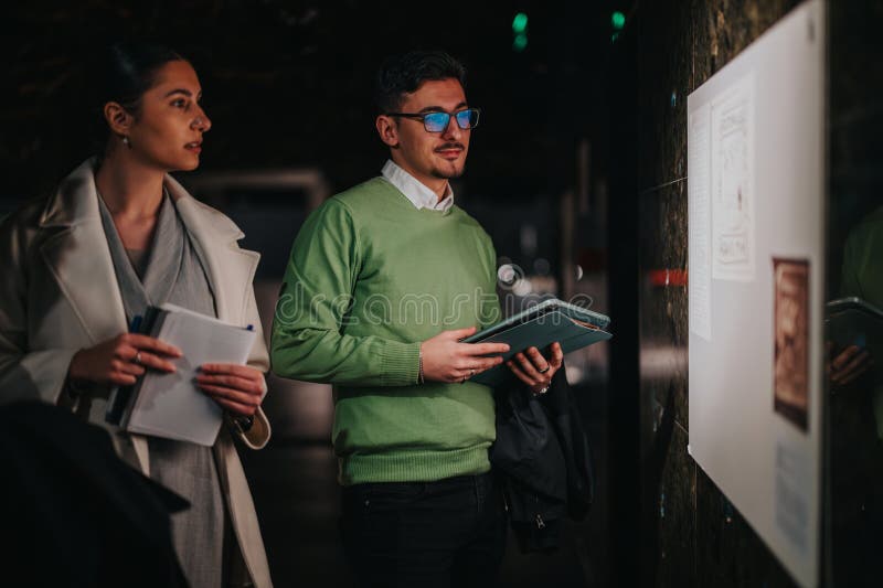 Two People Attentively Observing an Illuminated Exhibit Display at a ...