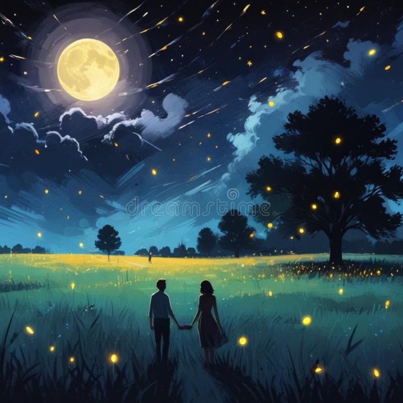 Two People of Average Age in a Field Full of Fireflies Stock ...