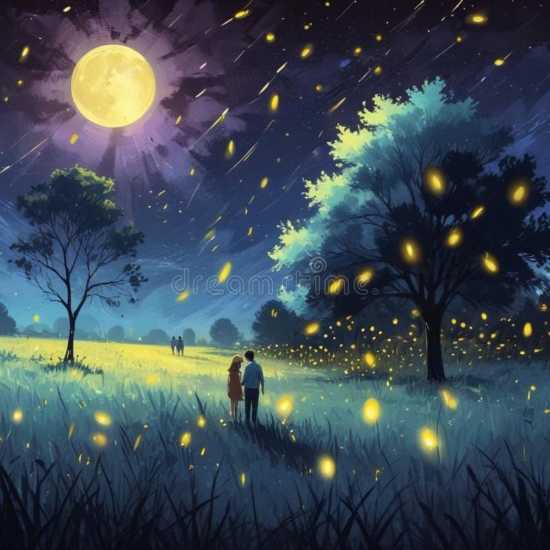 Two People of Average Age in a Field Full of Fireflies Stock ...