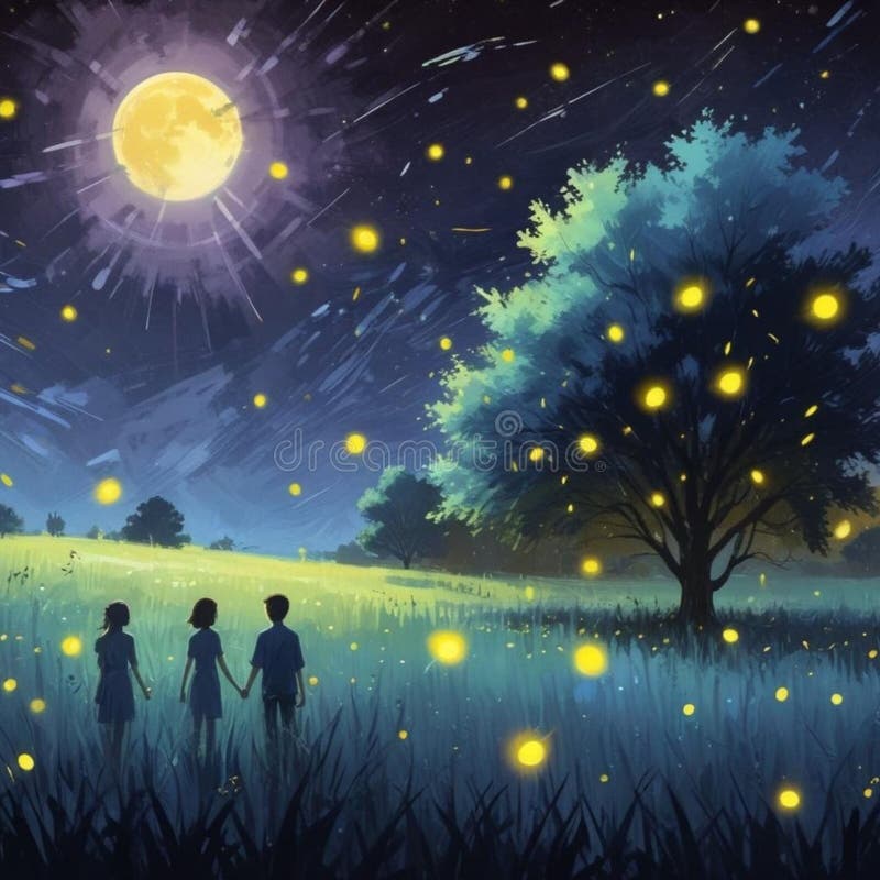 Two People of Average Age in a Field Full of Fireflies Stock ...