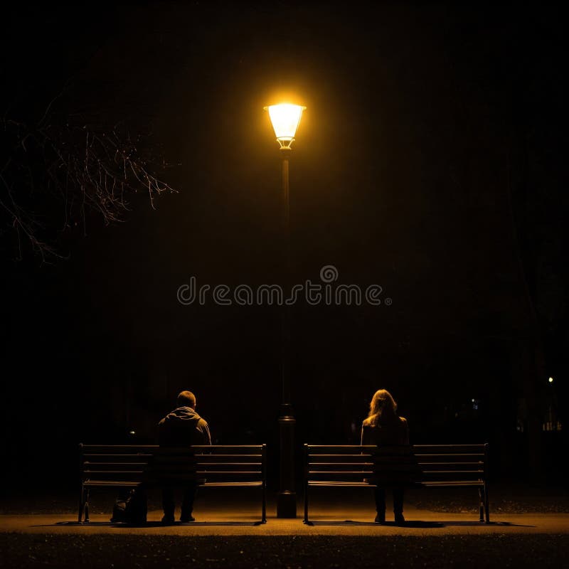 Two People on Benches Under a Street Lamp at Night. Stock Photo - Image of glow, romantic: 380988156