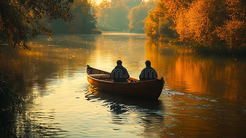 Two People in a Boat on a Lake at Sunset Stock Photo - Image of camera ...