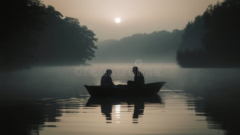 Two People in a Boat on the Water at Sunset, AI Stock Illustration ...