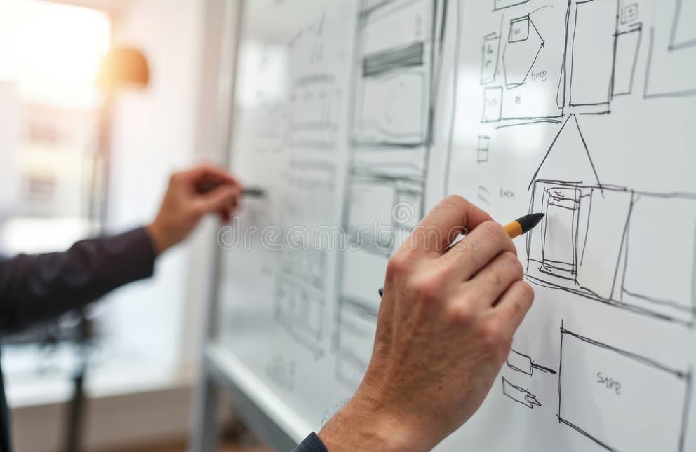 Two People Brainstorm Interface Wireframe Design on Whiteboard. UX ...