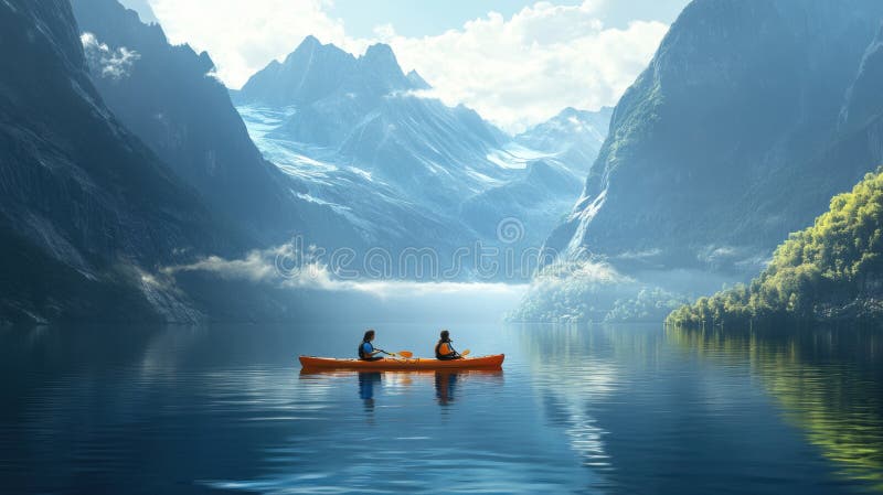 Two People in a Canoe on a Lake Stock Illustration - Illustration of ...