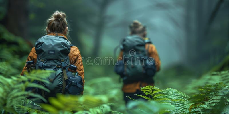 Two People Carrying Backpacks are Walking through a Lush Forest Stock ...