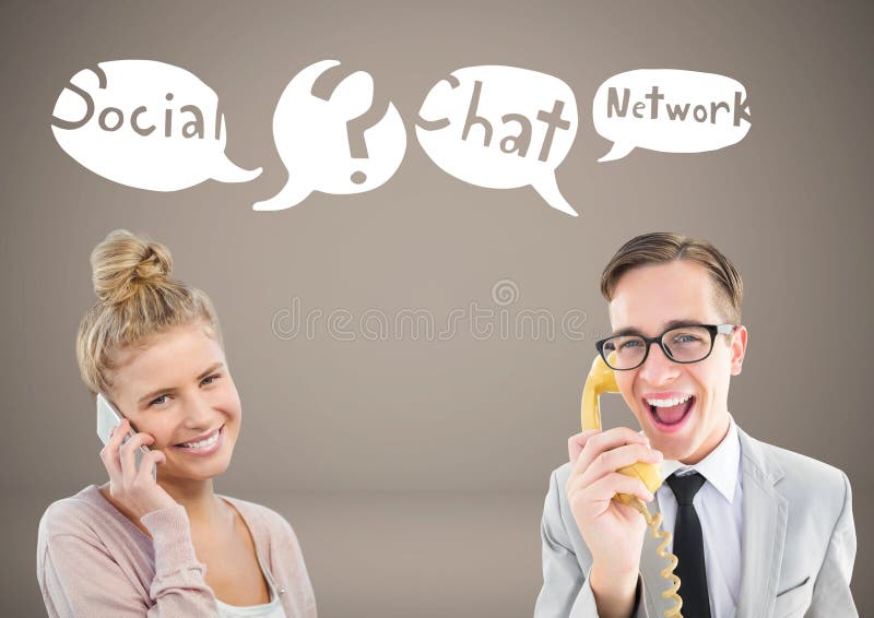 Two People Chatting on Phones with Social Network Icon Chat Bubbles ...