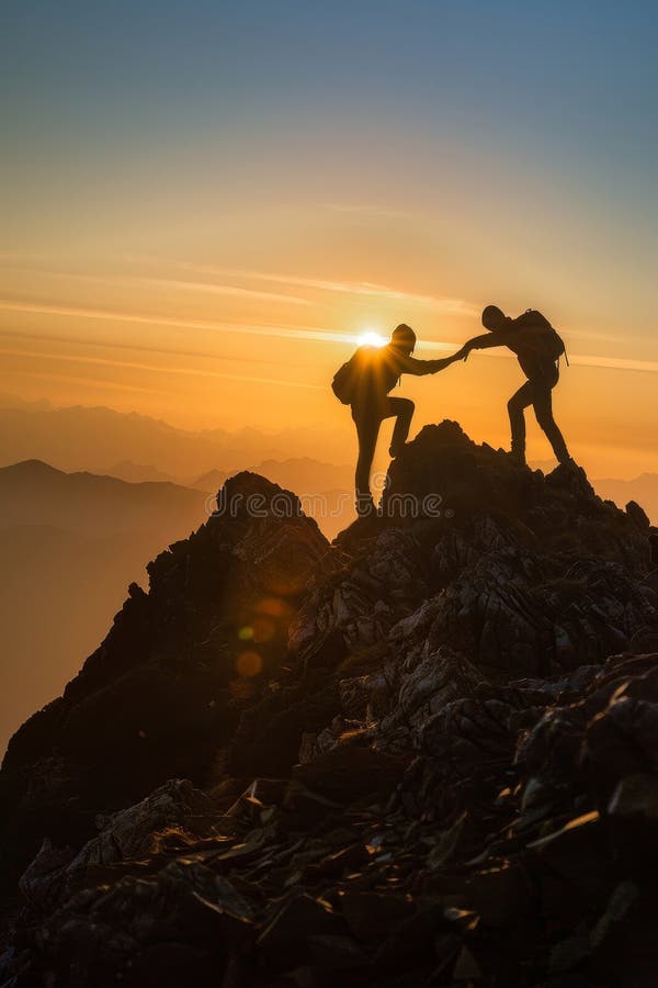 Two People are Climbing a Mountain Together by AI Generated Image Stock ...