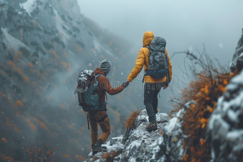Two People are Climbing a Mountain Together Stock Photo - Image of ...