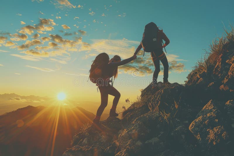 Two People are Climbing a Mountain Together Stock Photo - Image of peak ...