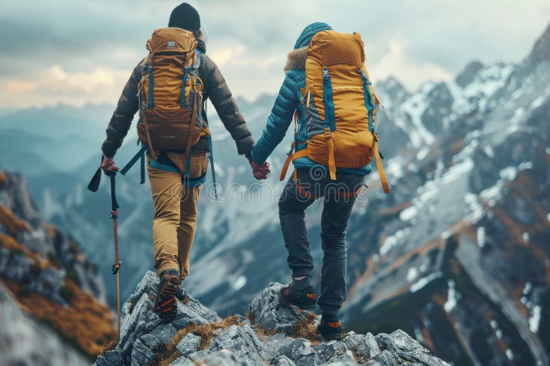 Two People are Climbing a Mountain Together Stock Image - Image of hill ...