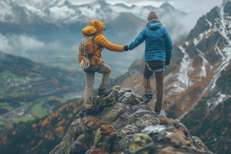 Two People are Climbing a Mountain Together Stock Image - Image of ...