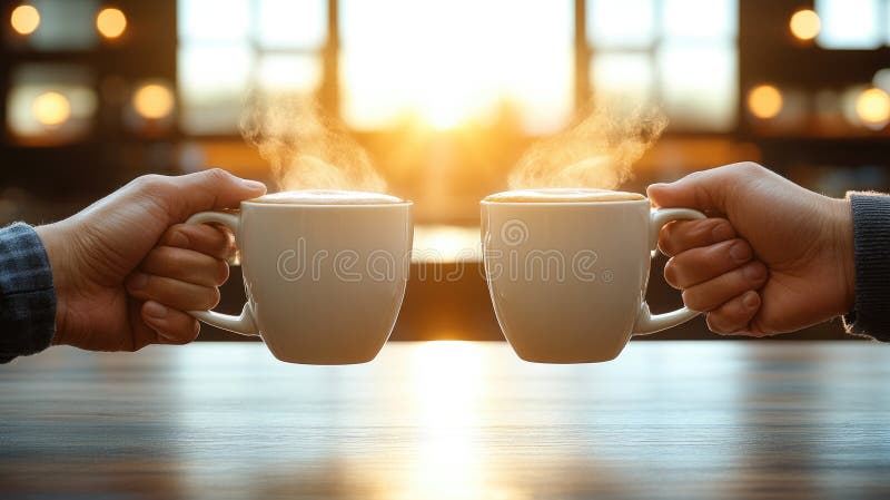 Two People Clinking Coffee Mugs at Sunrise in Cozy Setting Stock Image ...