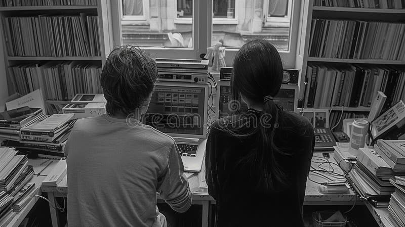 Two People Collaborating at a Cluttered Desk in a Home Office Stock ...