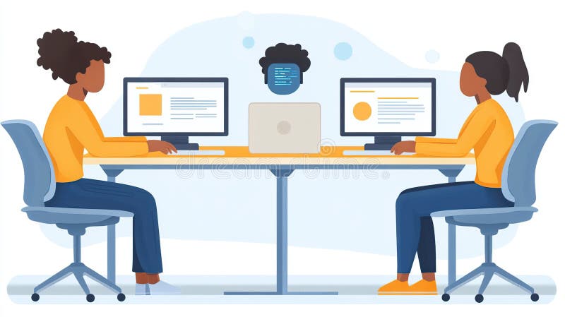 Two People Collaborating on Computers Stock Illustration - Illustration ...