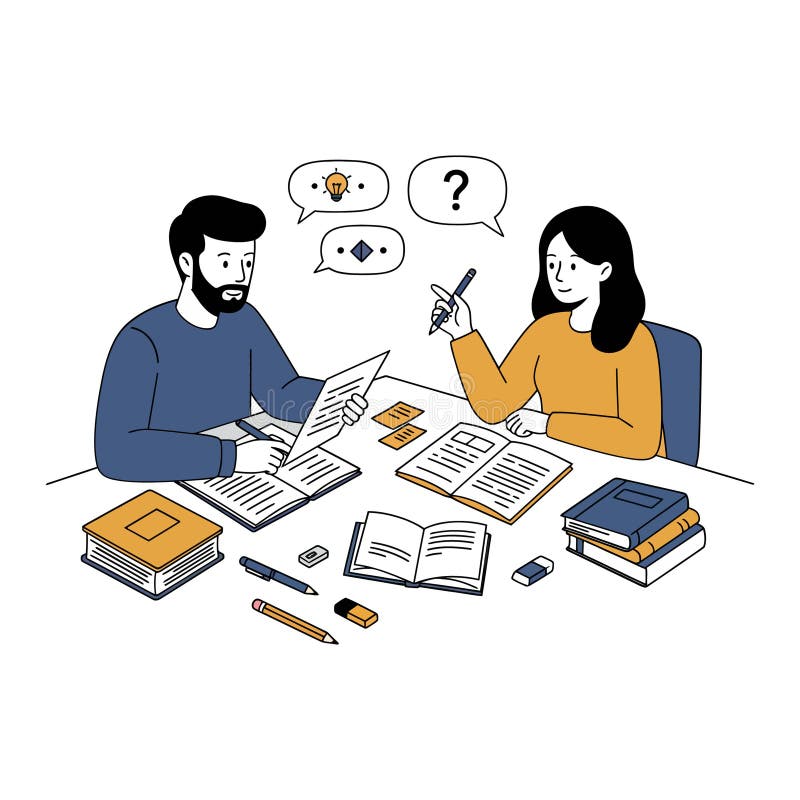Two People Collaborating on a Project with Notes and Books on the Table ...