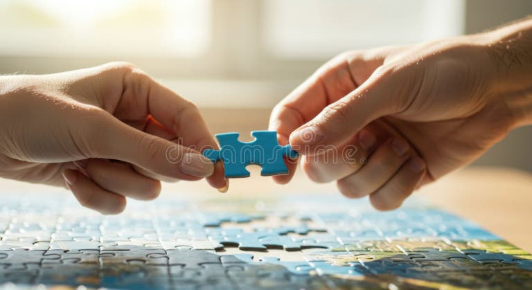 Two People Collaborating on Puzzle with Hands Connecting Pieces Stock ...