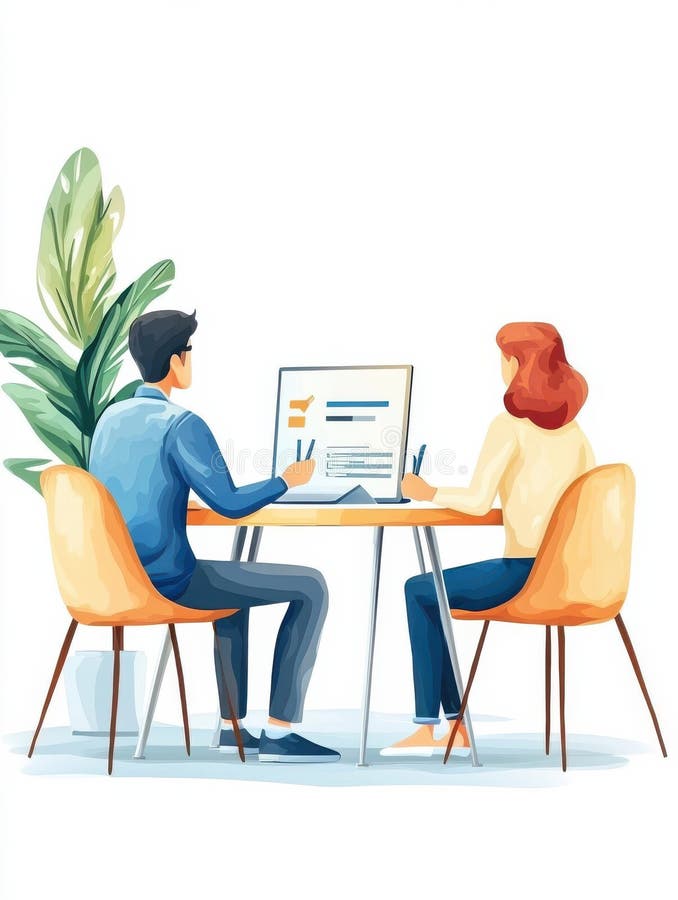 Two People Collaborating at a Table with a Laptop and a Plant in a ...