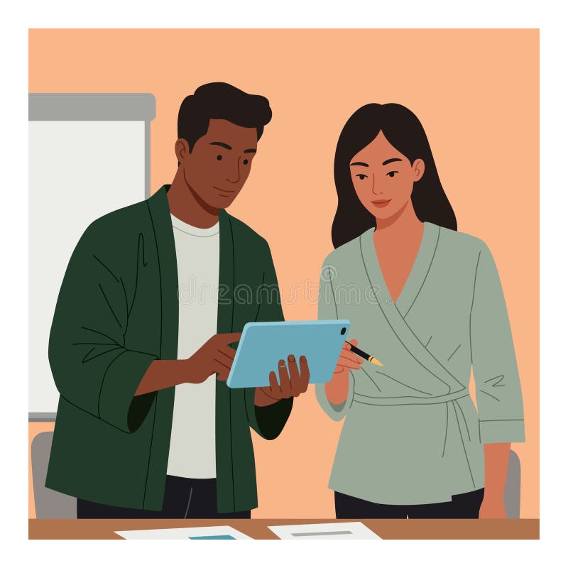 Two People Collaborating Using Tablet in Office Environment Vector ...
