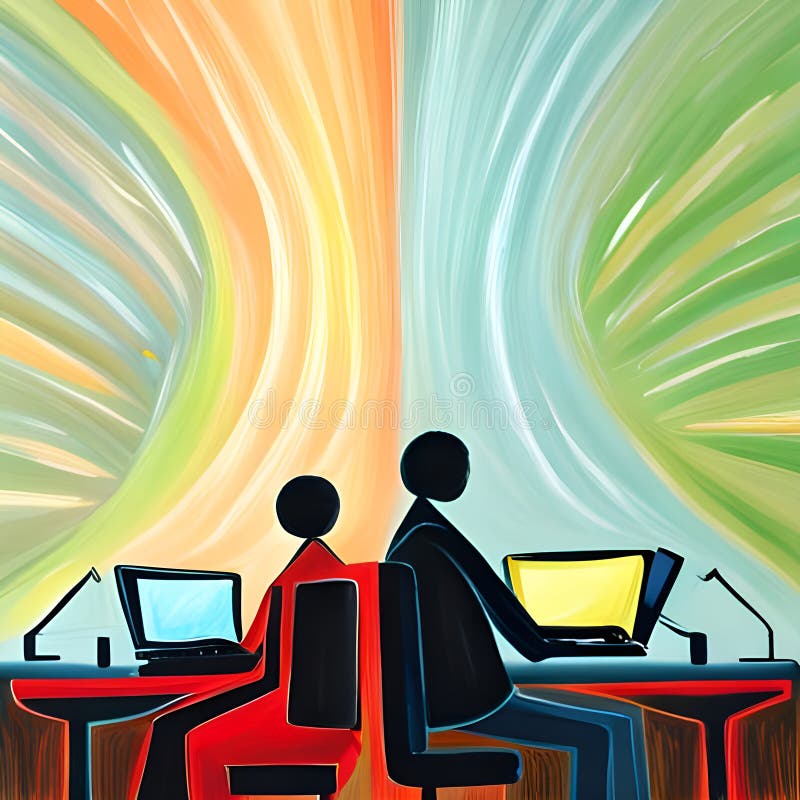 Two People at Computer Stations Connected by a Stream of Happy Light ...