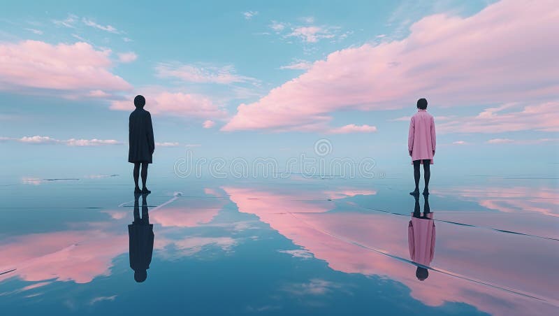 Two People Contemplating Surreal Pink Clouds Reflected in Water Surface ...