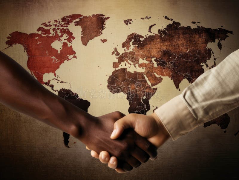 Two People of Different Ethnicities Shaking Hands Over a World Map ...