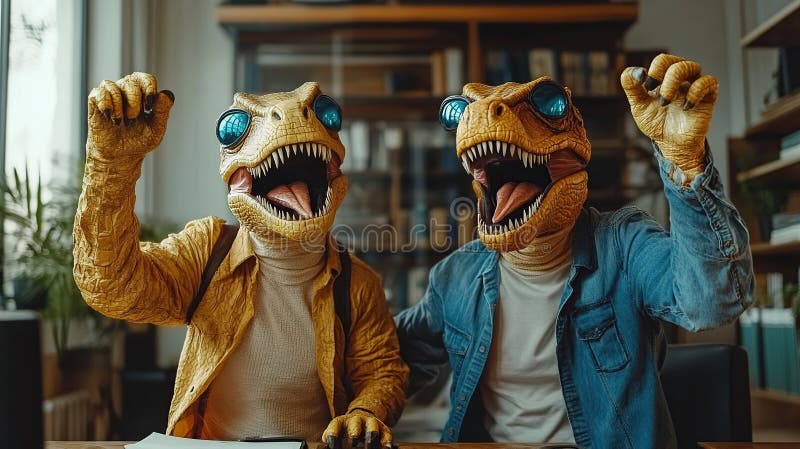 Two People in Dinosaur Costumes Celebrating Success at Work Stock ...