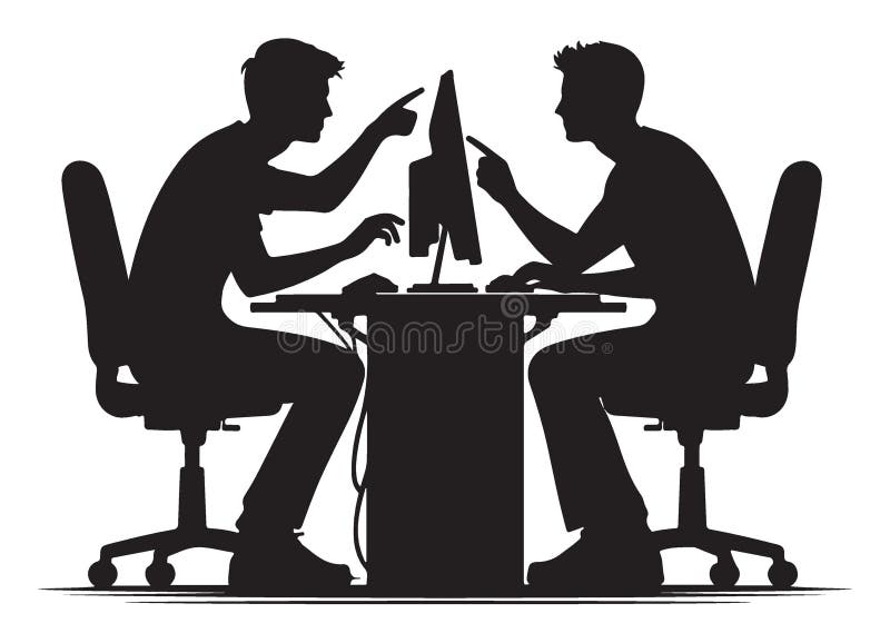 Two People Discussing at Computer Silhouette Vector Collaboration Tech ...