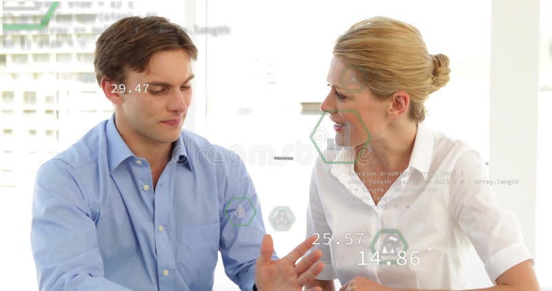 Two People Discussing with Data Processing Animation Overlaying Their ...