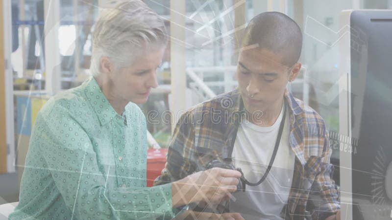 Two People Discussing Over Digital Interface Animation in Modern Office ...
