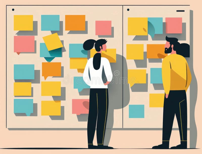 Two People Discussing a Project Board with Sticky Notes Outlining Ideas ...