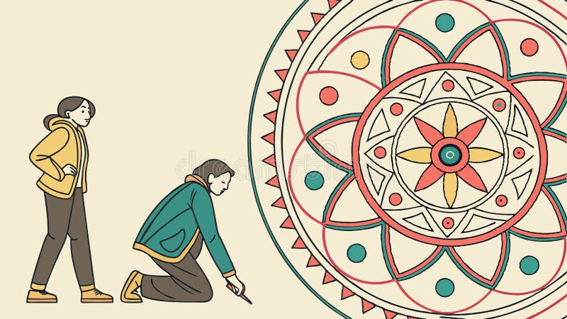 Two People Drawing Mandala, Creative Collaboration, Artistic Process, Sacred Geometry, Vector ...