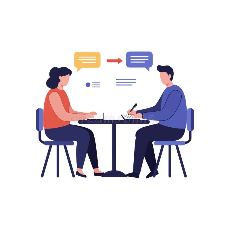 Two People Engaged in Discussion at Table with Speech Bubbles Flat ...
