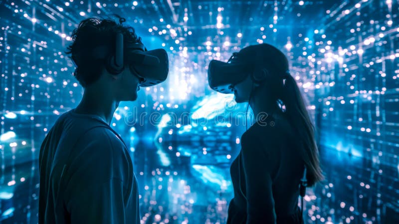 Two People Engaging in a Virtual World with Vr Headsets Against Digital ...