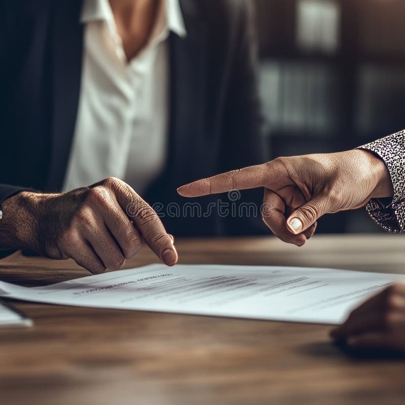 Two People Examine a Document on a Wooden Table, Using Their Fingers To ...