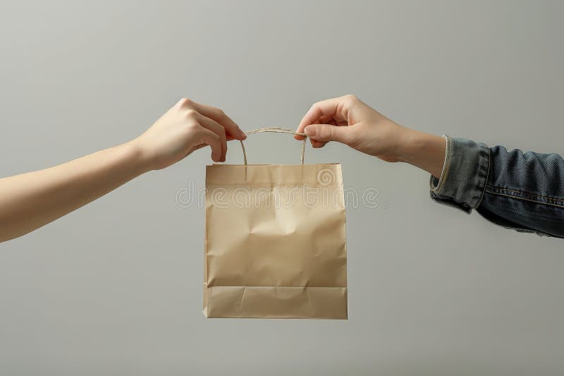 Two People are Exchanging a Brown Paper Bag, Mockup on the Paper Bag ...