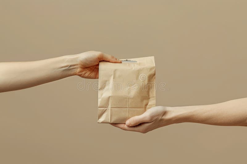 Two People are Exchanging a Brown Paper Bag, Mockup on the Paper Bag ...