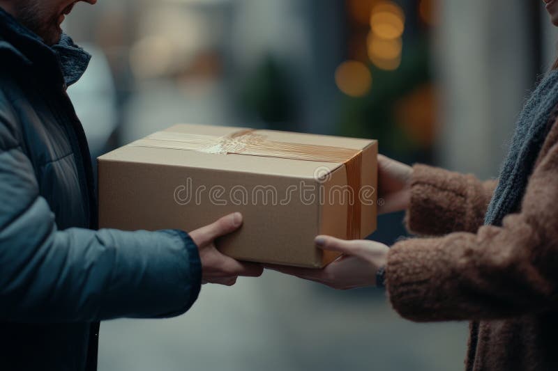 Two People Exchanging a Cardboard Box in an Urban Setting Stock ...