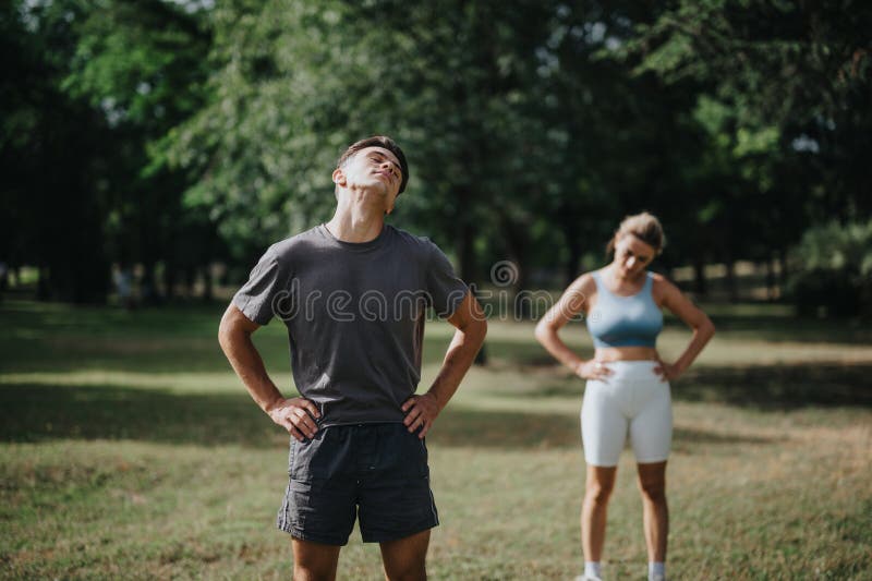 Two People Exercising in a Park, Performing Calisthenics during a ...