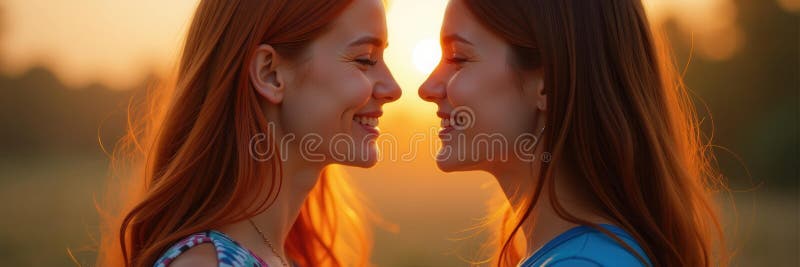 Two Women with Red and Brown Hair Smile Facing Each Other at Sunset ...