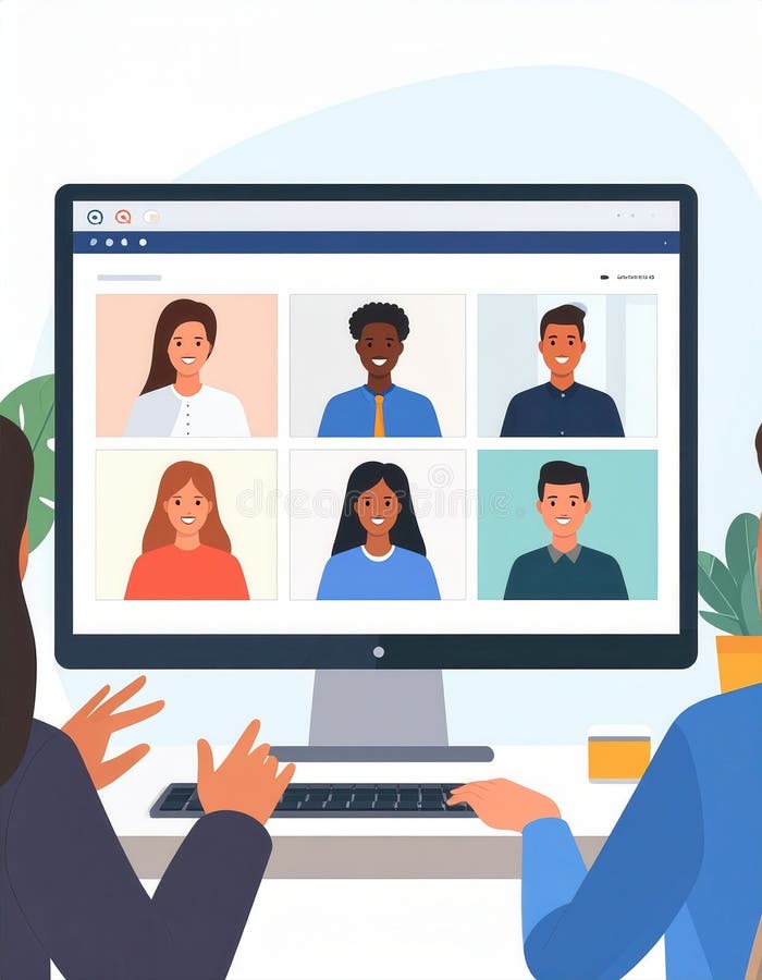 Two People Have a Video Call with Colleagues on a Desktop Computer ...