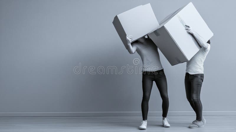 Two People Holding Boxes on Their Heads in a Gray Room, AI Stock Photo ...