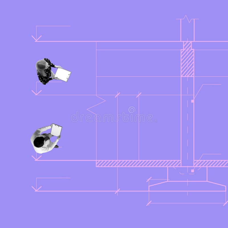 Two People Holding Clipboards, Checking Blueprint of Building Plan ...