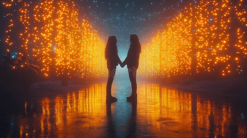 Two People Holding Hands, Silhouetted Under a Canopy of Glowing Orange ...