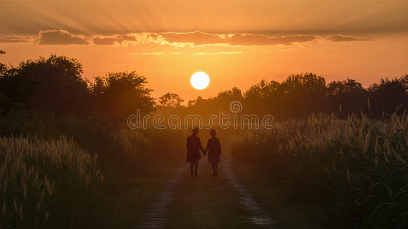Two People Holding Hands Walking Down a Dirt Road at Sunset, AI Stock ...