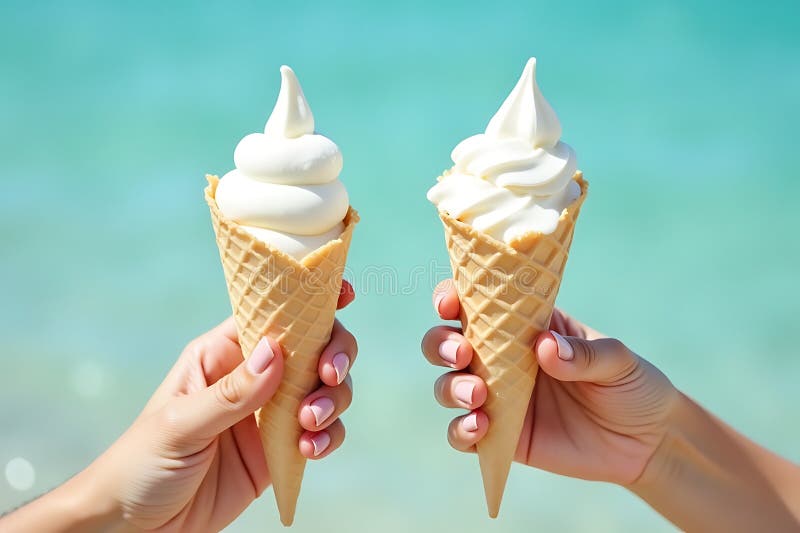 Two People Holding Up Two Ice Cream Cones Stock Image - Image of pink ...