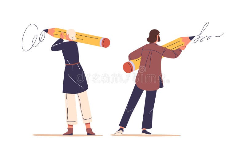 Two People with Large Pencils, Symbolizing Creativity, Collaboration ...