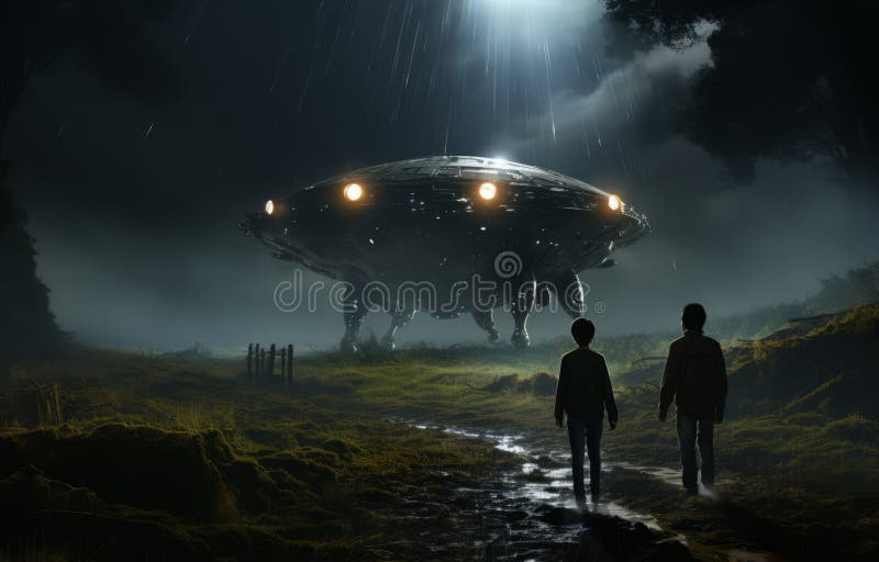 Two People are Looking at an Alien Ship in a Field Stock Illustration ...