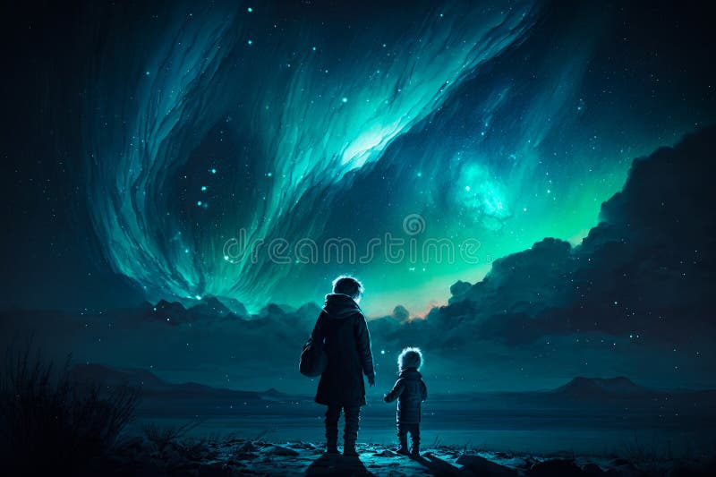 Two People Looking at the Aurora Lights in the Sky. Generative AI Stock ...